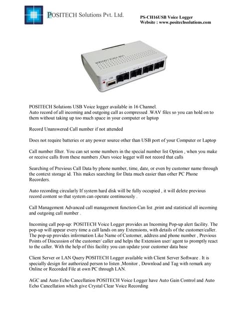 POSITECH 4 Line Telephone Call Recording Device | PDF