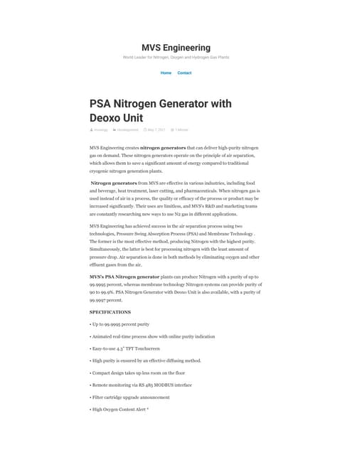 MVS &CarboTech CMS PSA based Nitrogen generators | PDF