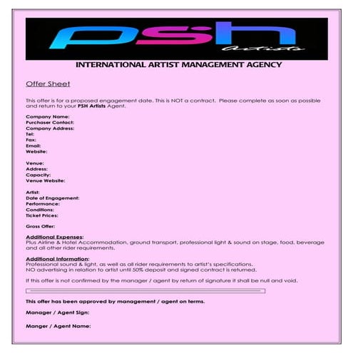 Psh artists artist offer sheet | DOC