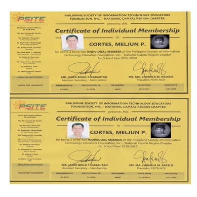 PSITE Certificate Individual Member TCU 2019 | PDF