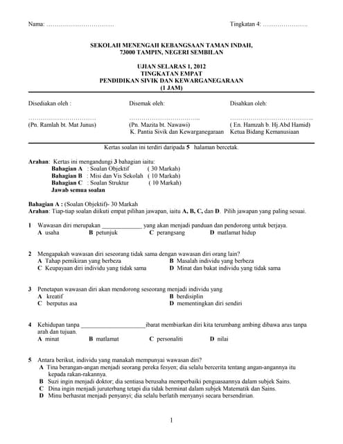 SOALAN UJIAN MAC PENDIDIKAN MORAL TINGKATAN 2 | DOCX