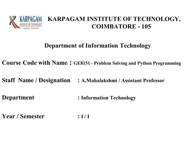 Problem Solving And Python Programming Ppt 9190