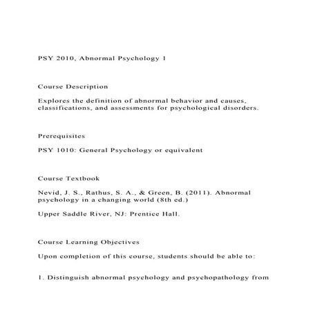 PSY 2010, Abnormal Psychology 1 Course Description .docx
