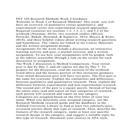 PSY 326 Research Methods Week 2 GuidanceWelcome to Week 2 of Res.docx