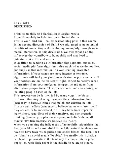 Psyc 2210discussionfrom Homophily To Polarization In Social Docx