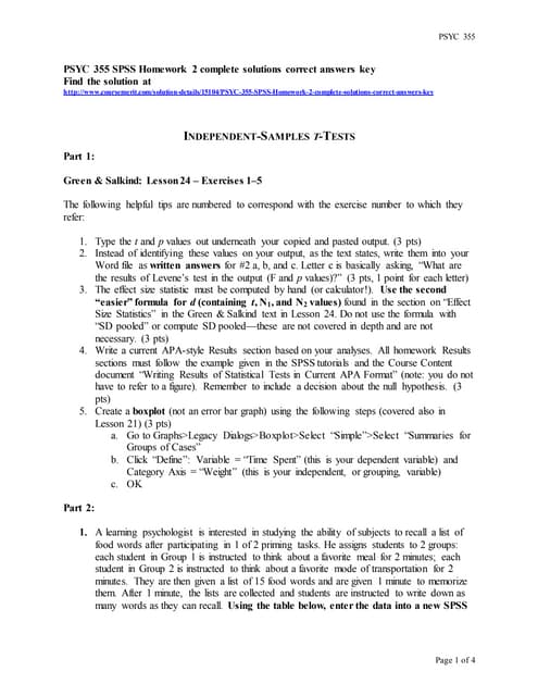 Psyc 355 Spss Homework 2 Complete Solutions Correct Answers Key Pdf
