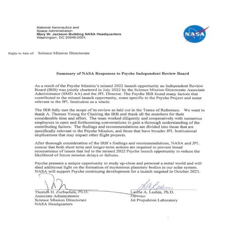 Relatório da NASA Sobre Continuidade da Missão Psyche | PDF