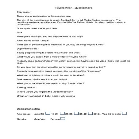 Psycho Killer Questionnaire | PDF