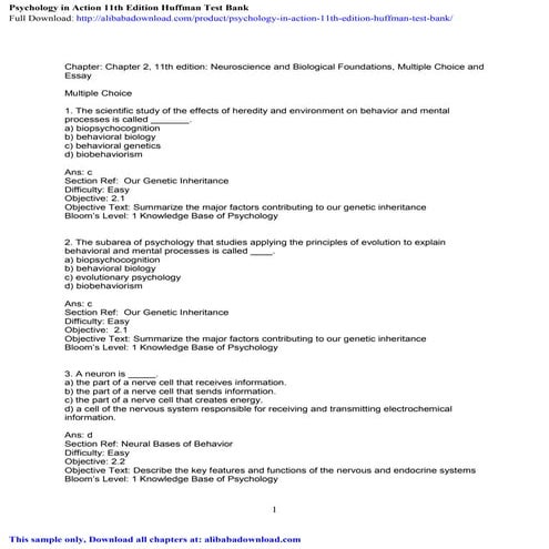 Psychology in Action 11th Edition Huffman Test Bank | PDF