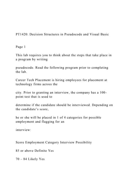 PT1420 Decision Structures in Pseudocode and Visual Basic .docx PT1420 Decision Structures in Pseudocode and Visual Basic .docx
