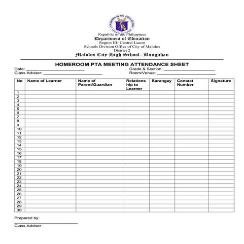 HOMEROOM PTA MEETING ATTENDANCE SHEET -MCHS BUNGAHAN | DOCX