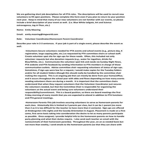 PTA Volunteer Job Description | PDF