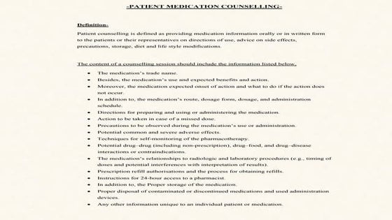 Pharmacy Practice, Unit III, PATIENT COUNSELLING, | PPTX