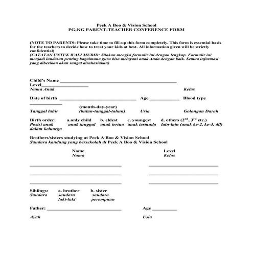 Parent Teacher Conference Form PG/KG | DOC