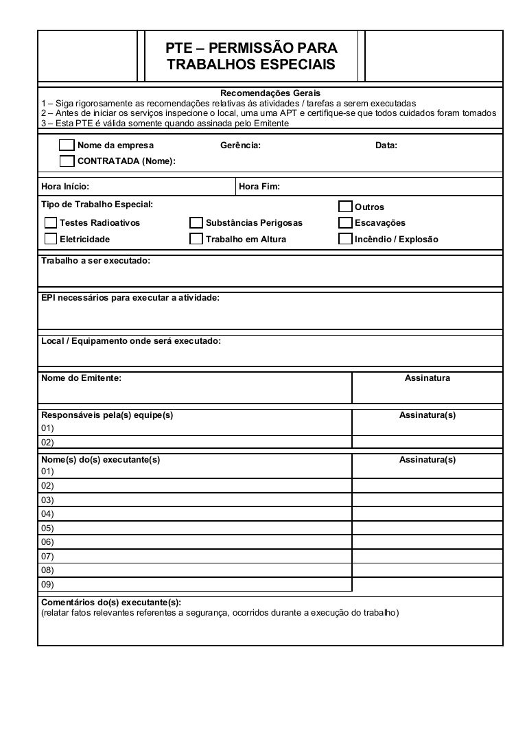 Modelo de PTE (Permissão para trabalho especial)