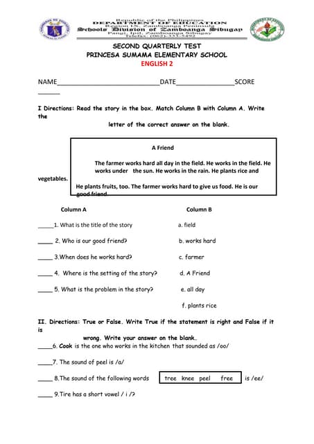 GRADE 2 English SECOND PERIODIC TEST | DOC | Gardening | Home & Garden