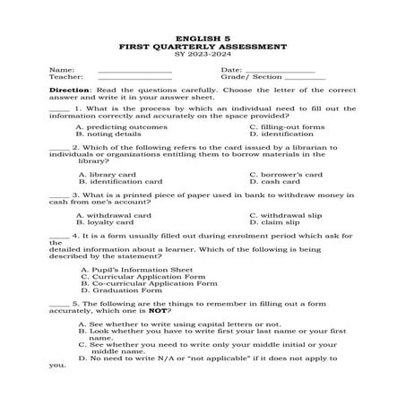 periodical exam ing english 5 quarter 1 elementary education | PDF