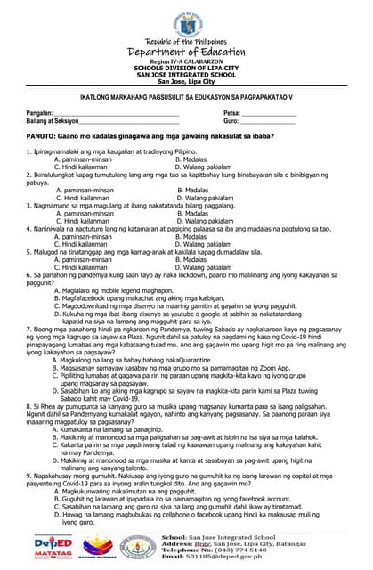 K TO 12 GRADE 4 DIAGNOSTIC / PRE TEST IN EDUKASYON sa PAGPAPAKATAO | PDF