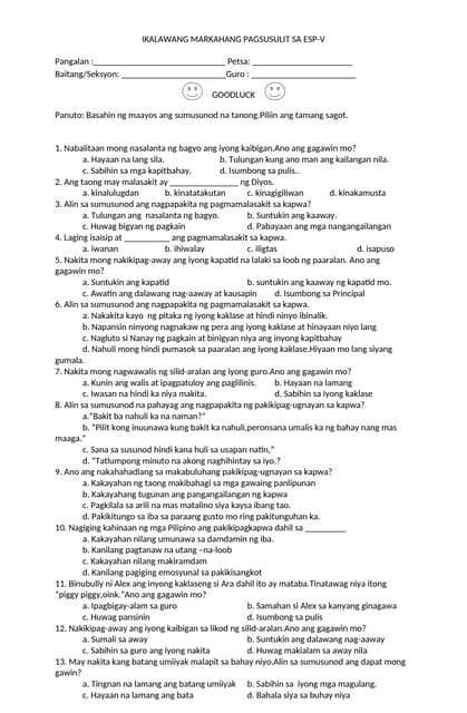 K TO 12 GRADE 4 DIAGNOSTIC / PRE TEST IN EDUKASYON sa PAGPAPAKATAO | PDF