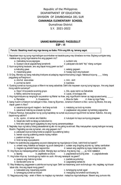 K TO 12 GRADE 4 DIAGNOSTIC / PRE TEST IN EDUKASYON sa PAGPAPAKATAO | PDF