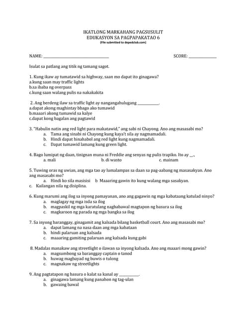 K TO 12 GRADE 4 DIAGNOSTIC / PRE TEST IN EDUKASYON sa PAGPAPAKATAO | PDF