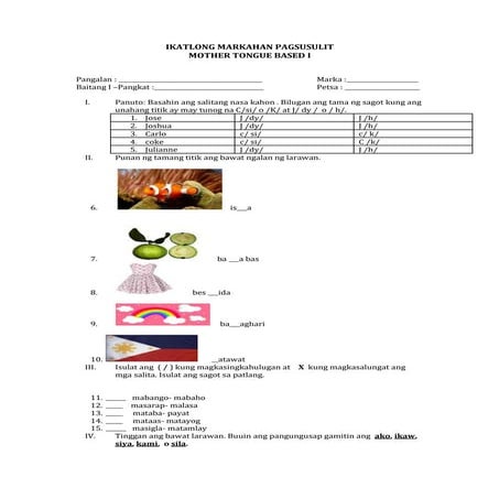 Periodical / Quarter 3 - Test for Grade 1 Pupils | DOCX
