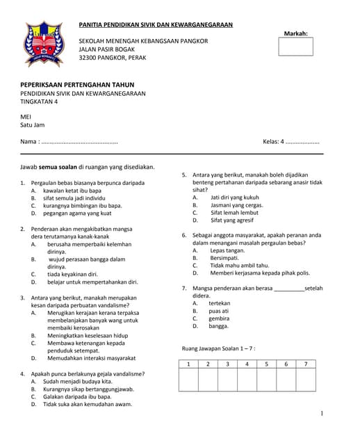 SOALAN UJIAN MAC PENDIDIKAN MORAL TINGKATAN 2 | DOCX