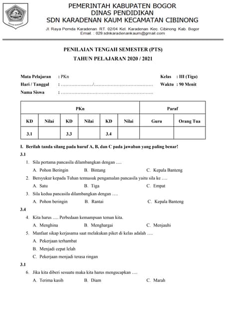 Soal Matematika kelas 3 sd semester 1 | PDF