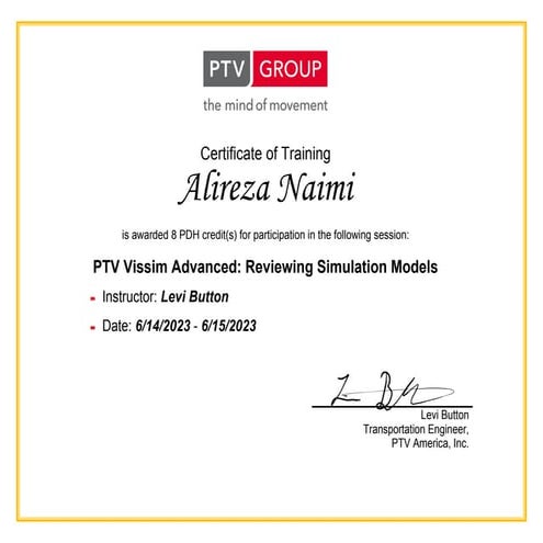 PTV Vissim for Reviewers Training Completion Certificate | PDF