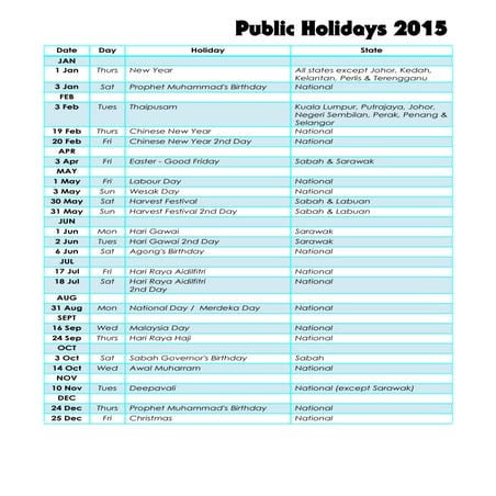 Public holidays 2015 | DOC