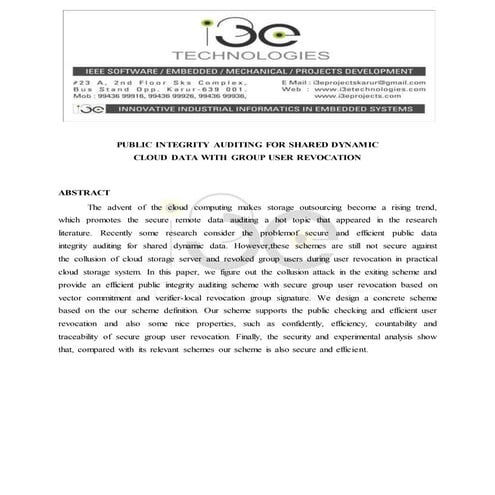 PUBLIC INTEGRITY AUDITING FOR SHARED DYNAMIC CLOUD DATA WITH GROUP USER REVOCATION | PDF