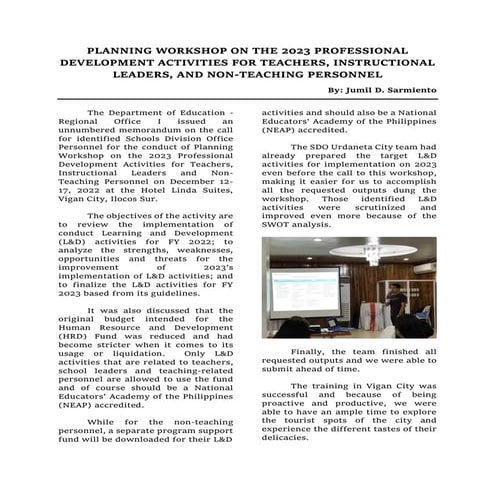 PLANNING WORKSHOP ON THE 2023 PROFESSIONAL DEVELOPMENT ACTIVITIES FOR ...