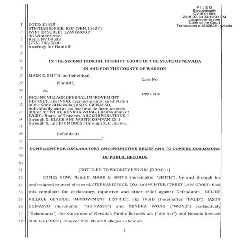 Public Records Complaint Filed Against Incline Village GID | PDF
