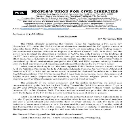 Pucl statement tripura uapa case - don't criminalise ff enquiries | PDF ...