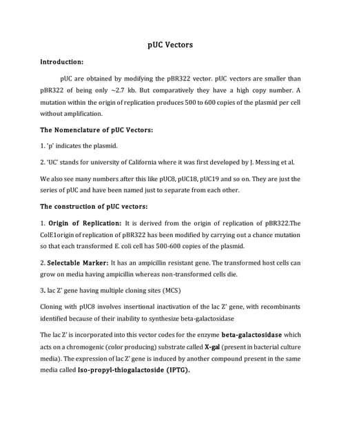 Lecture on pUC18 vector | PDF