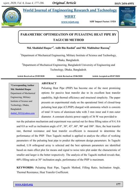 Parametric Optimization Of Pulsating Heat Pipe By Taguchi Method Pdf