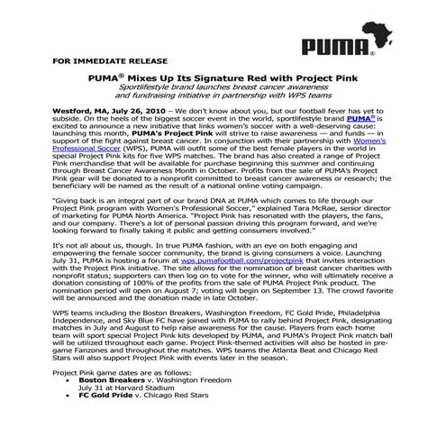 Puma project pink press release final | PDF | Soccer | Sports