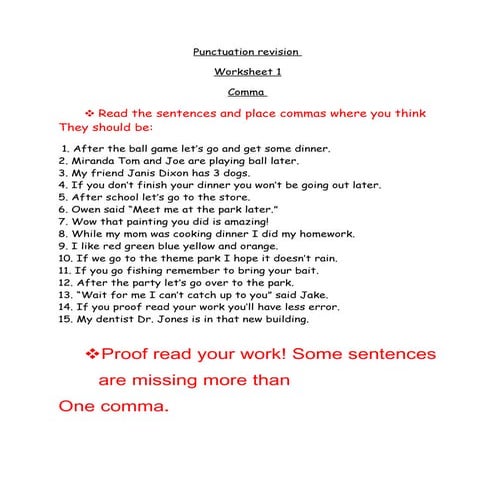 Punctuation Revision,Comma Worksheet1,Online | PDF