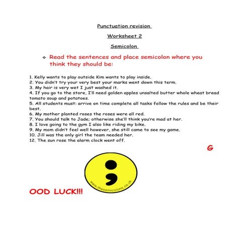 Punctuation Revision,Semicolon Worksheet2 | PDF