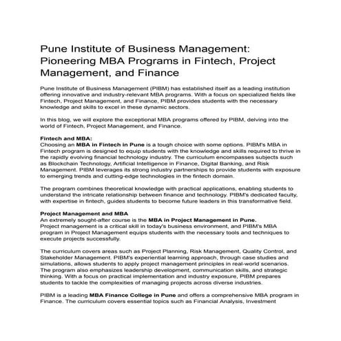 Pune Institute of Business Management: Pioneering MBA Programs in Fintech, Project Management ...