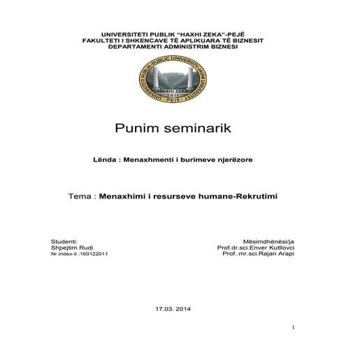 Punim seminarik menaxhimi i resurseve humane-rekrutimi | DOC