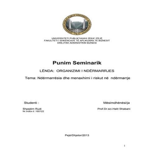 Punim seminarik lënda organizimi i ndërmarrjes tema ndërmarrësia dhe ...