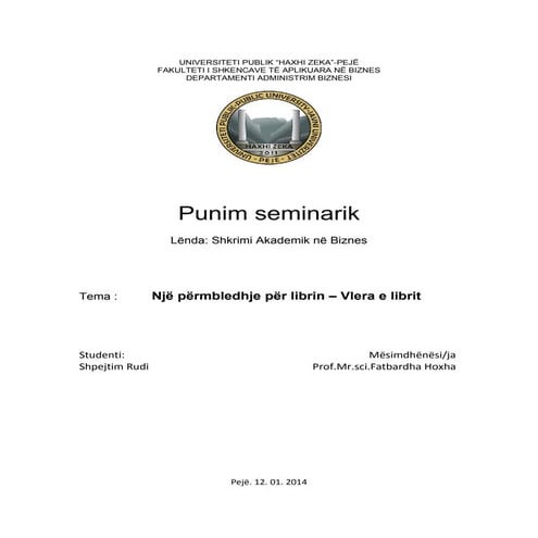 Punim seminarik një përmbledhje për librin vlera e librit | PDF