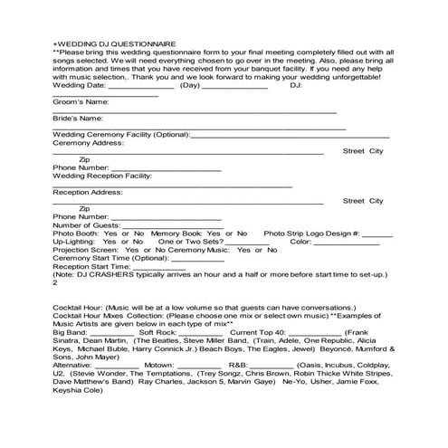 Wedding dj questionnaire | DOCX