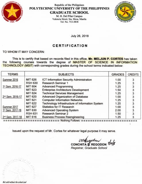PUP MSIT Compre RESULT 1.50 - Master of Science in Information Technology (MSIT) | PDF