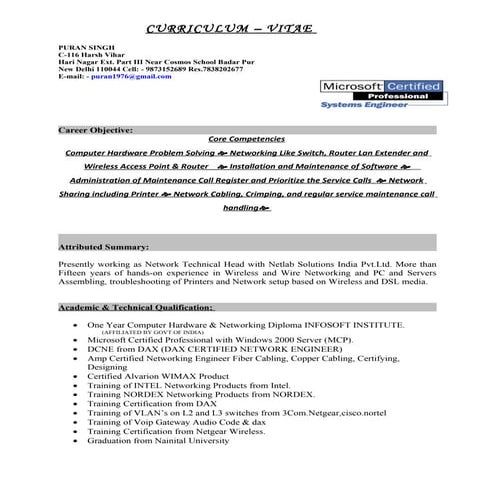 Puran singh resume | DOC | Computer Networking | Computing