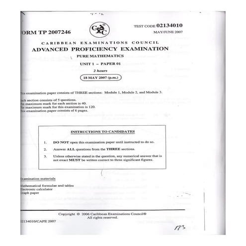 Pure math unit 1 past papers 2007 2012 | PDF