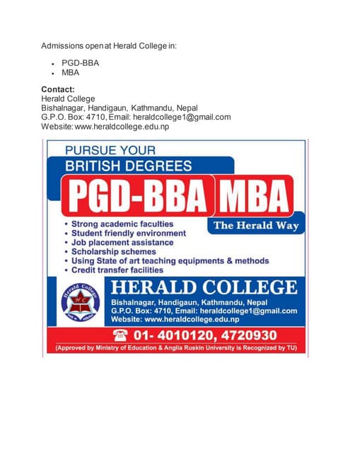 Herald College announces admissions open in various programs. | PDF