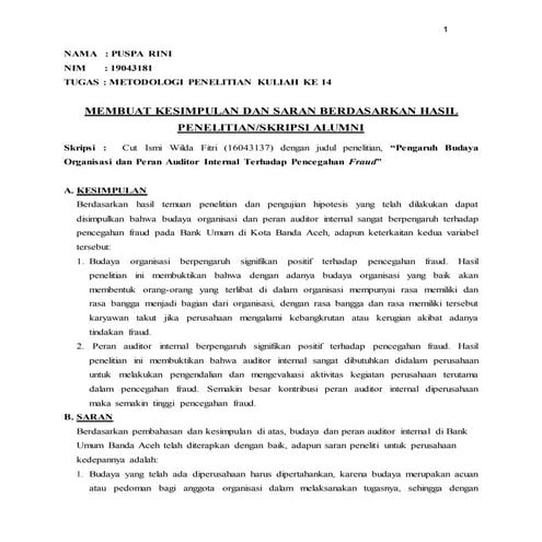 Puspa rini kuliah ke 14 Tugas METOLIT kesimpulan dan saran | DOCX