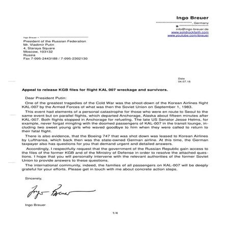 Letter to Russian President Putin Demanding Release of KAL007 ...